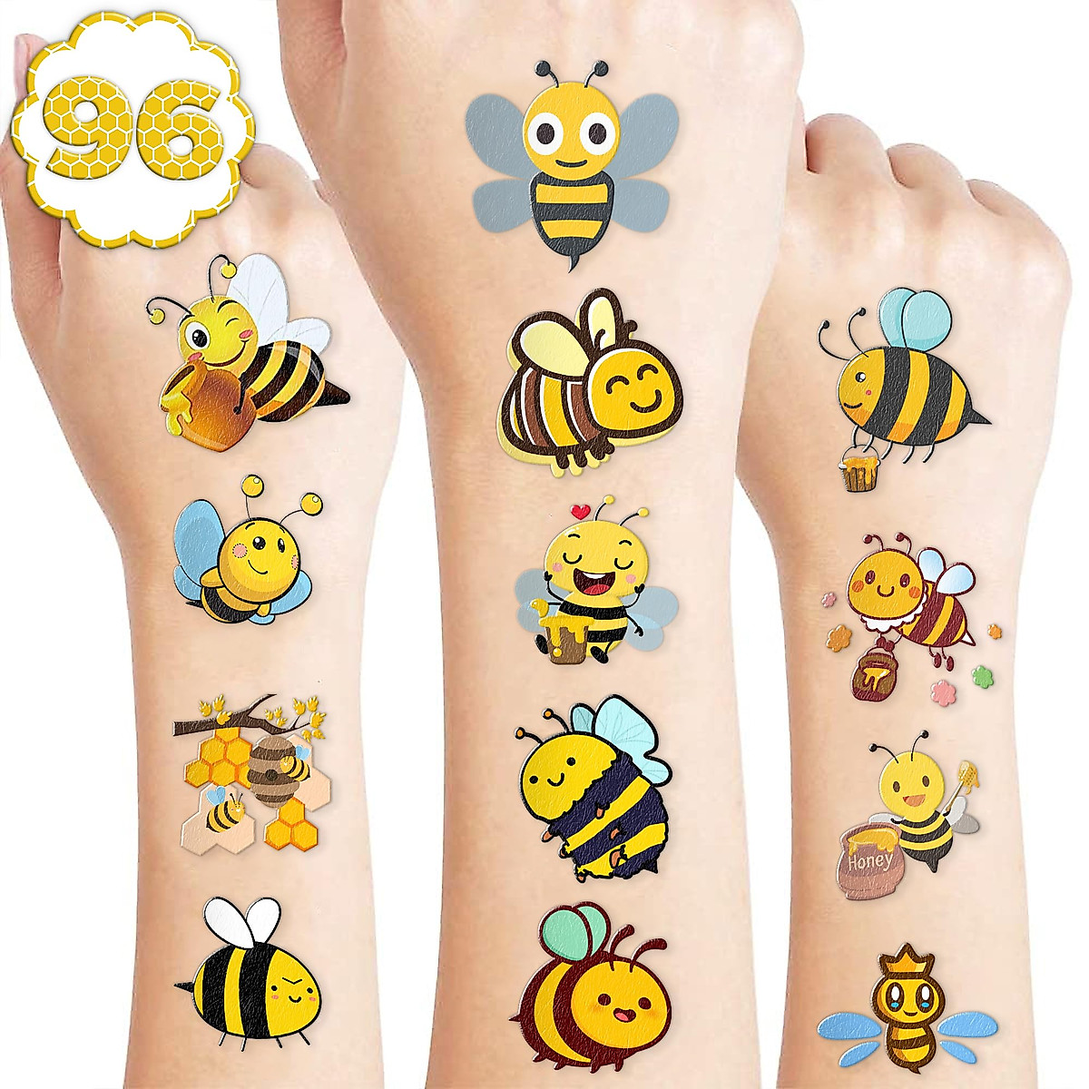 Bee Temporary Tattoos for Kids, Birthday Party Decorations Supplies Party Favors Supper Cute 96PCS Bee Tattoo Sticker Style Gift Ideals for Boys Girls Schools Prizes Themed