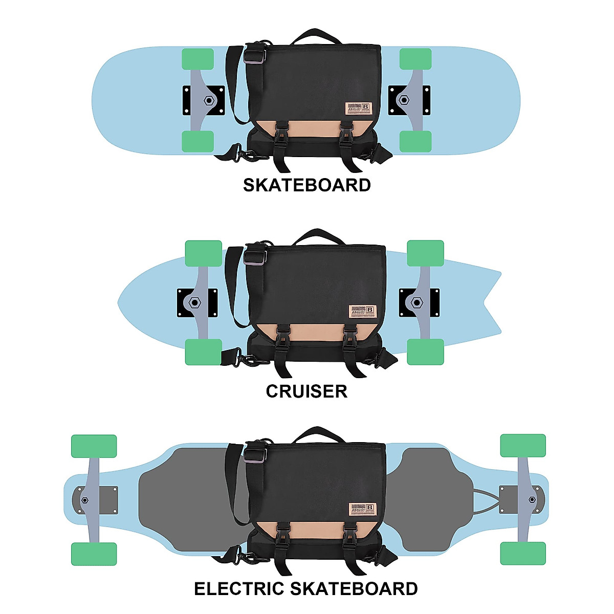 BRAVORD Skateboard Backpack Bag Carrier with Helmet Cargo Net for Crusier Skateboard Electric Skateboard and Longboard (Khaki)