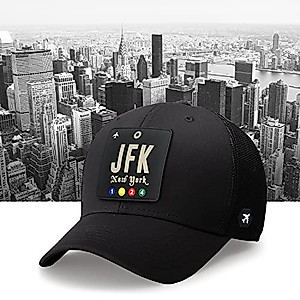 We Fly Trucker Hat for Men & Women, Adjustable Baseball Hat, Mesh Snapback, Travel Essential Hat (New York, Black)