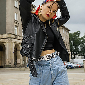 macoking Mens Rhinestone Belt Womens Y2K Bling Skull Western Belts for Jeans, Black, L