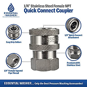 1/4 Quick Connect Fittings by ESSENTIAL WASHER - Set of 2 – 1/4 Inch Female Stainless Steel Pressure Washer Quick Connect Fittings - Quality Pressure Washer Quick Connect Kit 2-Pack