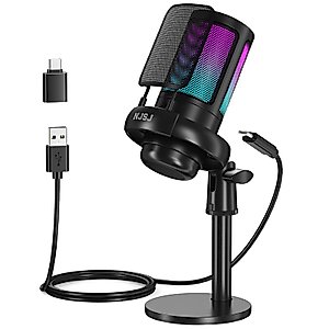 NJSJ USB Microphone for PC, Gaming Mic for PS4/ PS5/ Mac/Phone,Condenser Microphone with Touch Mute, RGB Lighting,Gain knob & Monitoring Jack for Streaming,Podcasting (with Desktop Stand, Black)