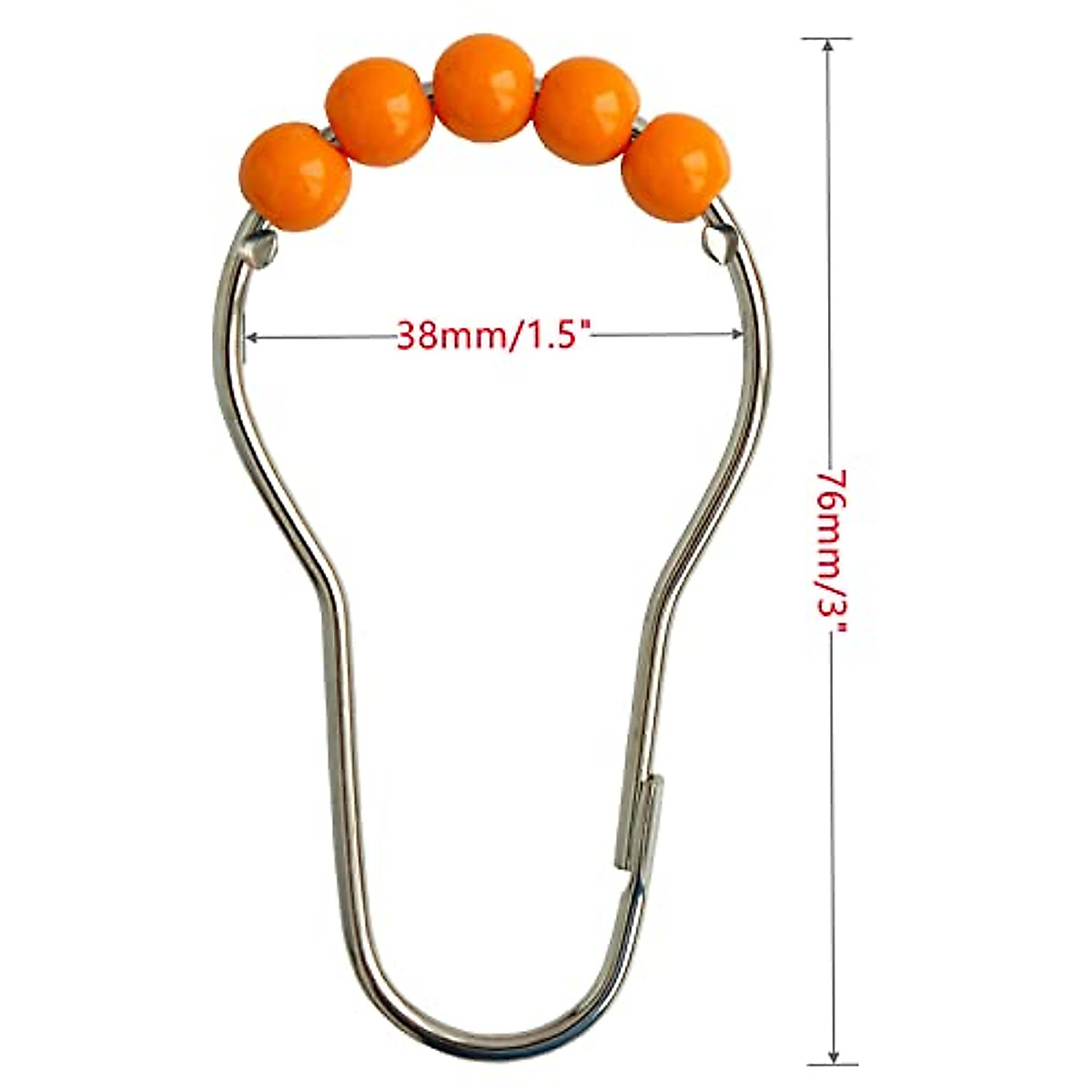 Shower Curtain Rings Hooks Decorative Acrylic Roller Balls Stainless Steel Heavy Duty for Bathroom Curtain (12pcs-Orange)