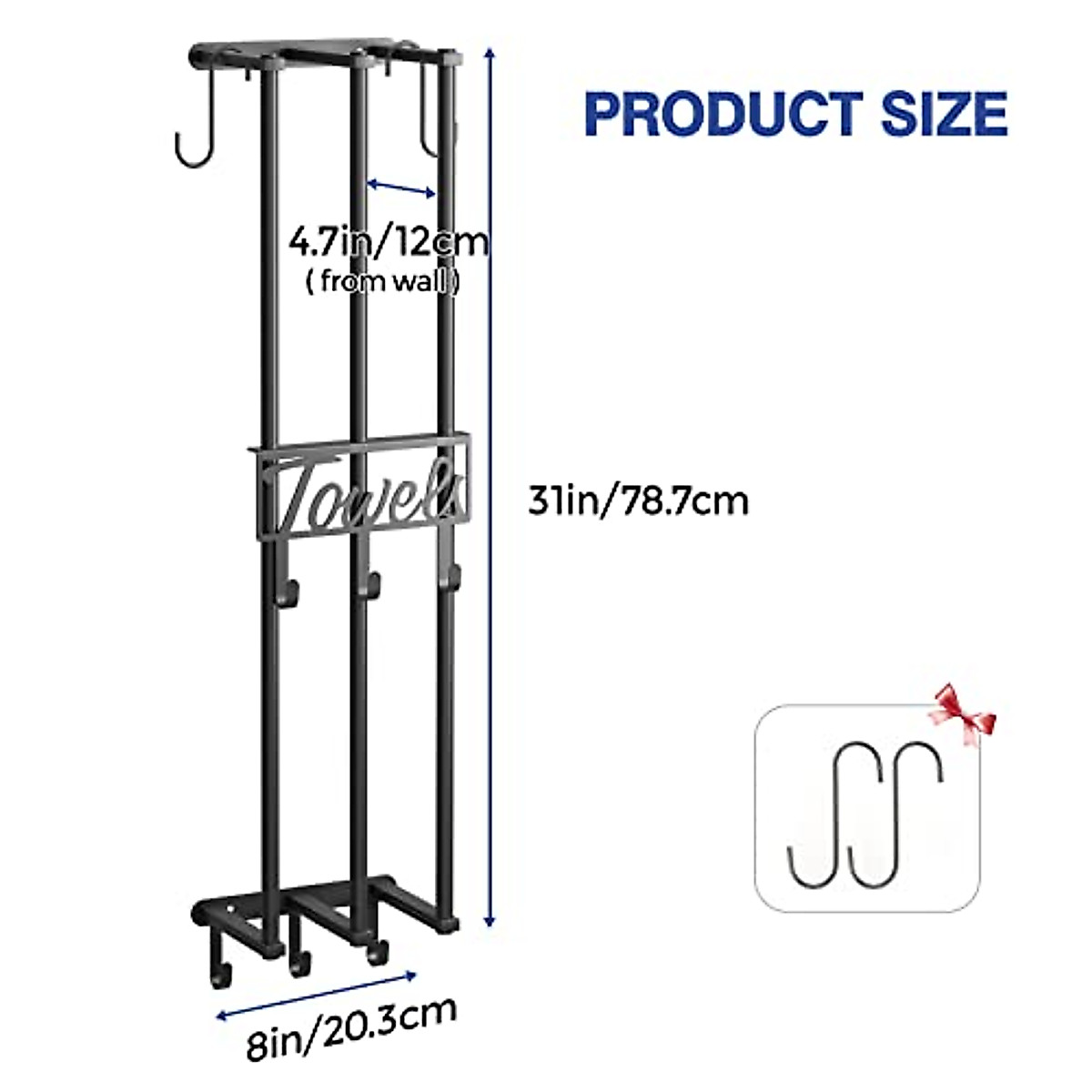 Towel Racks for Bathroom, Boiarc Wall Towel Rack for Rolled Towels, 3 Bar Towel Holder with 6 Towel Hooks for Small Bathroom, Black Towel Rack for Folded Large Towel Washcloths