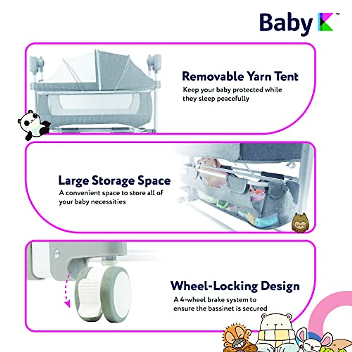 BABY K Electronic Rocking Bedside Bassinet (Grey) - 4 in 1 Automatic Swaying Mesh Baby Bassinet Co Sleeper Crib with 5 Swing Motions, 3 Timer Setting & Bluetooth Music Control for Infant & Toddlers