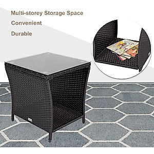 Kinsunny Square Glass Top Wicker Coffee Table, Outdoor Side Tables with Storage, Patio Furniture Patio Coffee Bistro Table PE Rattan Wicker Side Table w/Glass Top Indoor Outdoor, Black