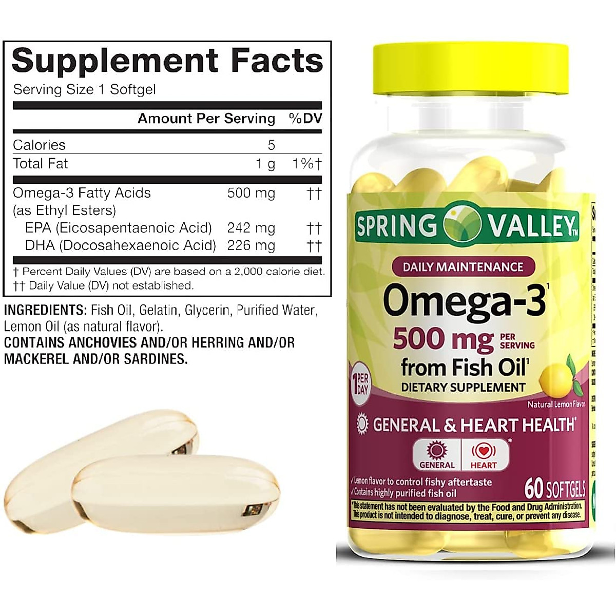 Omega-3 Fish Oil Softgels, 500 mg, DHA, EPA, 60 ct. + Vitamin Pouch and Guide to Supplements