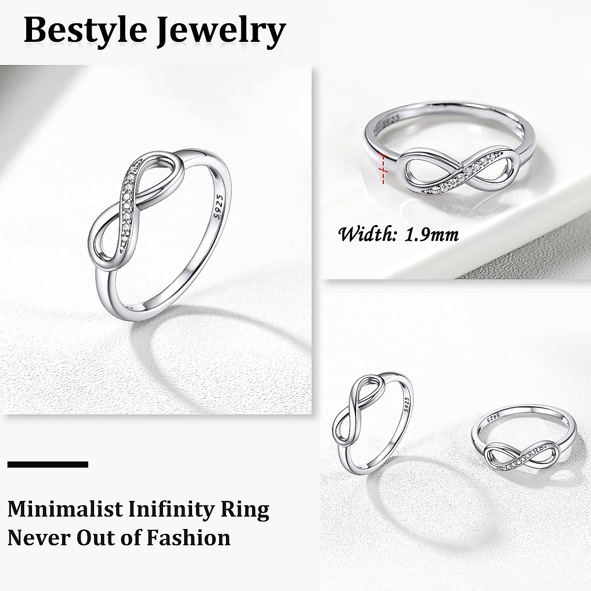 Bestyle S925 Sterling Silver Infinity Knot Ring, Size 8, CZ Band Ring for Women/Wife/Friends/Sister, Love Promise Engagement Wedding Ring