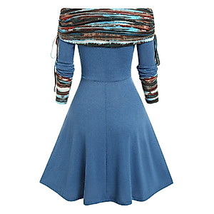 UQRZAU Winter Dresses for Women 2024, Dresses Convertible Neck Cinched Striped Flare A Line Dress Long Sleeve Wedding Guest Dress Sequin Party Dress Renaissance 2024 Dress Bodycon (L, Blue)