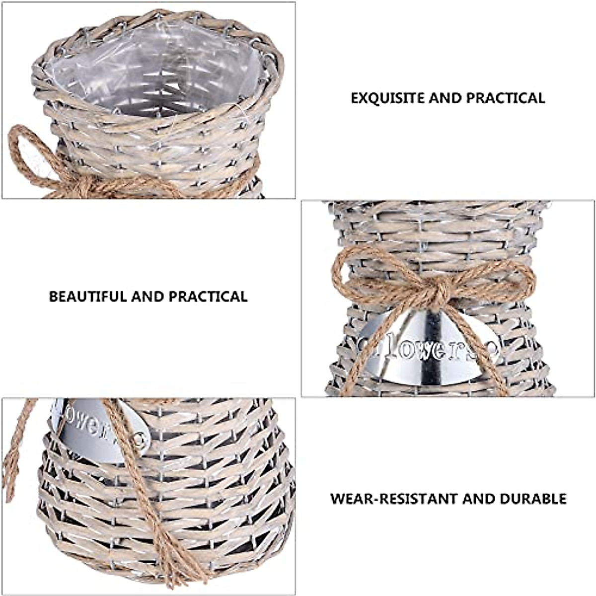 Cabilock Shabby Chic Wicker Vase Rustic Rattan Woven Flower Basket Farmhouse Platner Garden Plant Baskets Natural Flower Pot Wedding Table Centerpiece