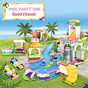 1373 Pieces Summer Pool Party Time, Hair Salon Toys Building Blocks Set Includes Juice Bar, Cars Building Play Kit,Storage Box, Learning and Roleplay Gift for Boys Girls 6-12
