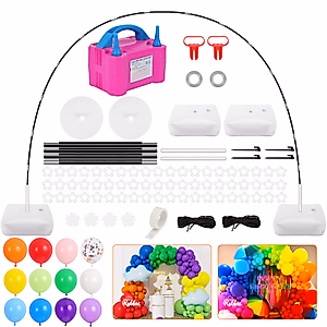 RUBFAC Balloon Arch Kit, 9ft Tall & 10ft Wide Adjustable Balloon Arch Stand with 2 PVC Bases,2 Water Fillable Bags, 60pcs Balloon Clips, 120pcs Rainbow Balloons, for Wedding Birthday Baby Shower