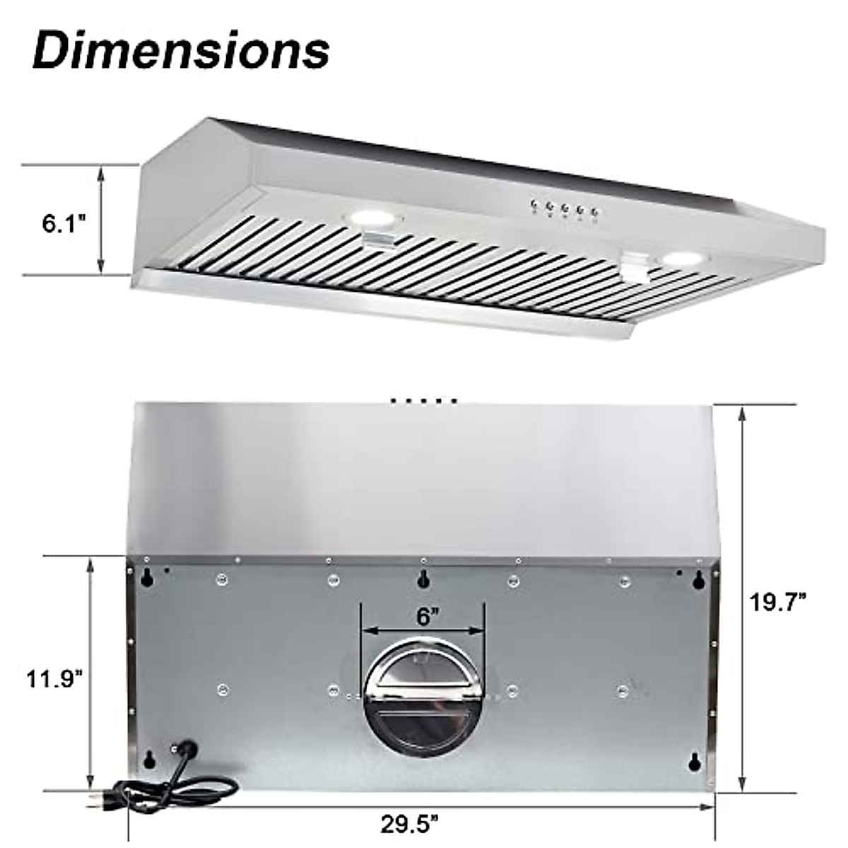 HTH 30 inch Under Cabinet Range Hood in Stainless Steel, 400 CFM Dual Motor Ducted Kitchen Stove Vent Hood with 3 Speed Exhaust Fan, 6" Top Vent, Push Button, Permanent Filters