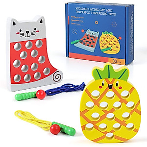 QZMTOY Wooden Lacing Toy, Cat Pineapple Threading Toys Toddler Activities Fine Motor Skills Montessori Toys for Toddlers Travel Game Early Learning Educational Gifts for Boys Girsl Baby Kids