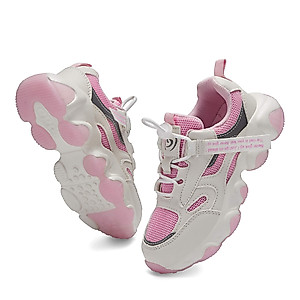 Hetios Kids Fashion Sneakers Hook and Loop School Uniform Sneaker Outdoor Lightweight Breathable Athletic Running Walking Shoes for Girls Boys Pink Little Kid US Size 2