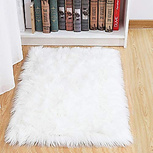 junovo Luxury Fluffy Area Rugs Furry Rug for Bedroom Faux Fur Sheepskin Nursery Rugs Fur Carpet for Kids Room Living Room Home Decor Floor Mat, Rectangle 2ft x 3ft White