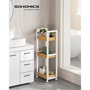 SONGMICS Bamboo Rolling Cart, 3-Tier Utility Cart on Wheels, Slim Narrow Storage Shelf, Bamboo Shelves, Space-Saving, Multifunctional, for Bathroom, Kitchen, White and Natural UBCB083N02
