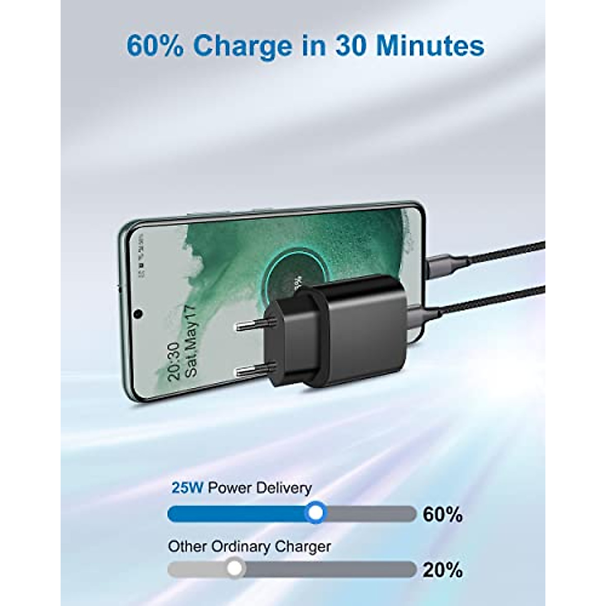 S23 S22 S21 Super Fast Charger Type C, European EU Travel Plug Adapter, 25W PD/PPS USB C Fast Wall Charger Block & 6FT Long Fast Charging Cable for Samsung Galaxy S23/S23 Ultra/S22/S22 Ultra/S21+/Note