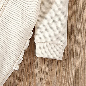 Newborn Baby Girl Ruffle Romper Knit Sweater Onesie Jumpsuit Long Sleeve Zipper Onesie Solid Fall Winter Outfits (A Waffle Knit Apricot,0-3 Months)