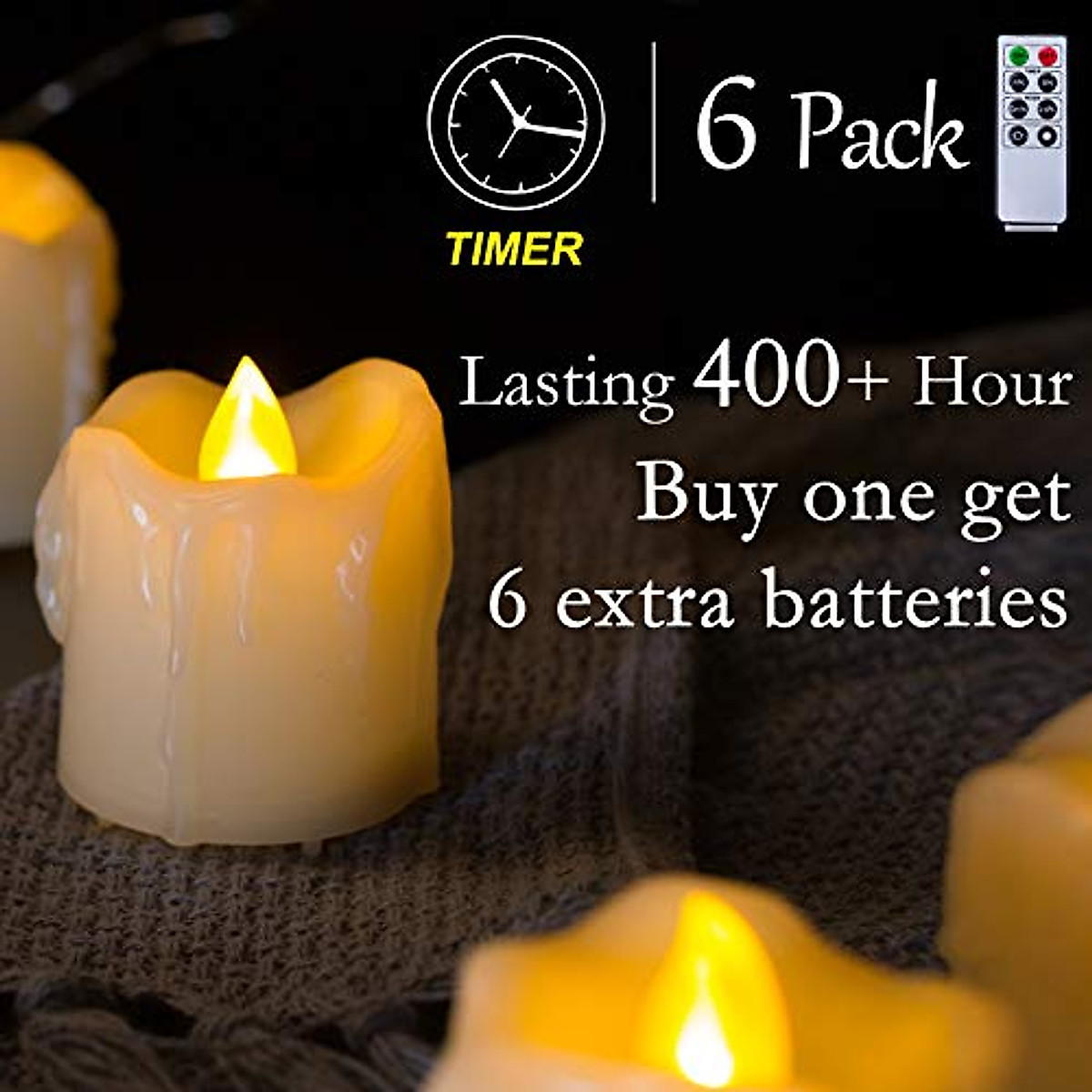 Homemory 400+ Hours 6 Pack Flameless LED Votive Candles with Timer, Battery Operated and Remote Control, Flickering Tea Lights 1.5x1.7 inches Wedding, Thanksgiving, Halloween, Table(6 Extra Batteries)