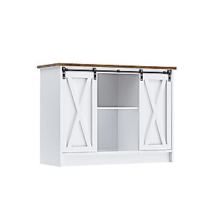 4 EVER WINNER Farmhouse Coffee Bar Cabinet, Kitchen Buffet Storage Coffee Cabinet Station Credenza Cupboard with Adjustable Shelf, Buffet Cabinet with Storage and Sliding Barn Doors, White