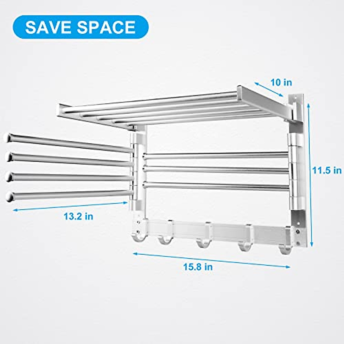 Laundry Clothes Drying Rack, Foldable Wall Mounted Drying Rack, Swivel Towel Rack with 5 Coat Hooks & 7 Swing Arms, Space Aluminum Drying Rack for Laundry Room Organization and Bathroom (Silver 7rods)