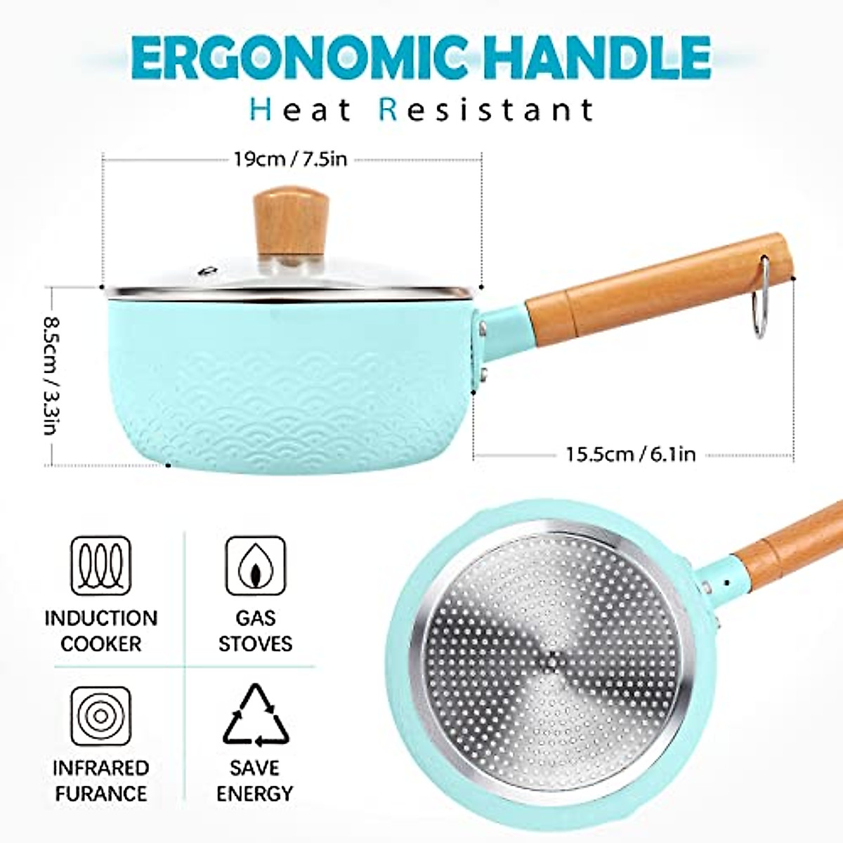 Sauce pan with Lid, 2.1 Quart Nonstick Small Pot, Induction Compatible Aluminum Cooking Pot with Silicone Spatula for Milk, Soup, Pasta, Egg, Rice (BLUE)