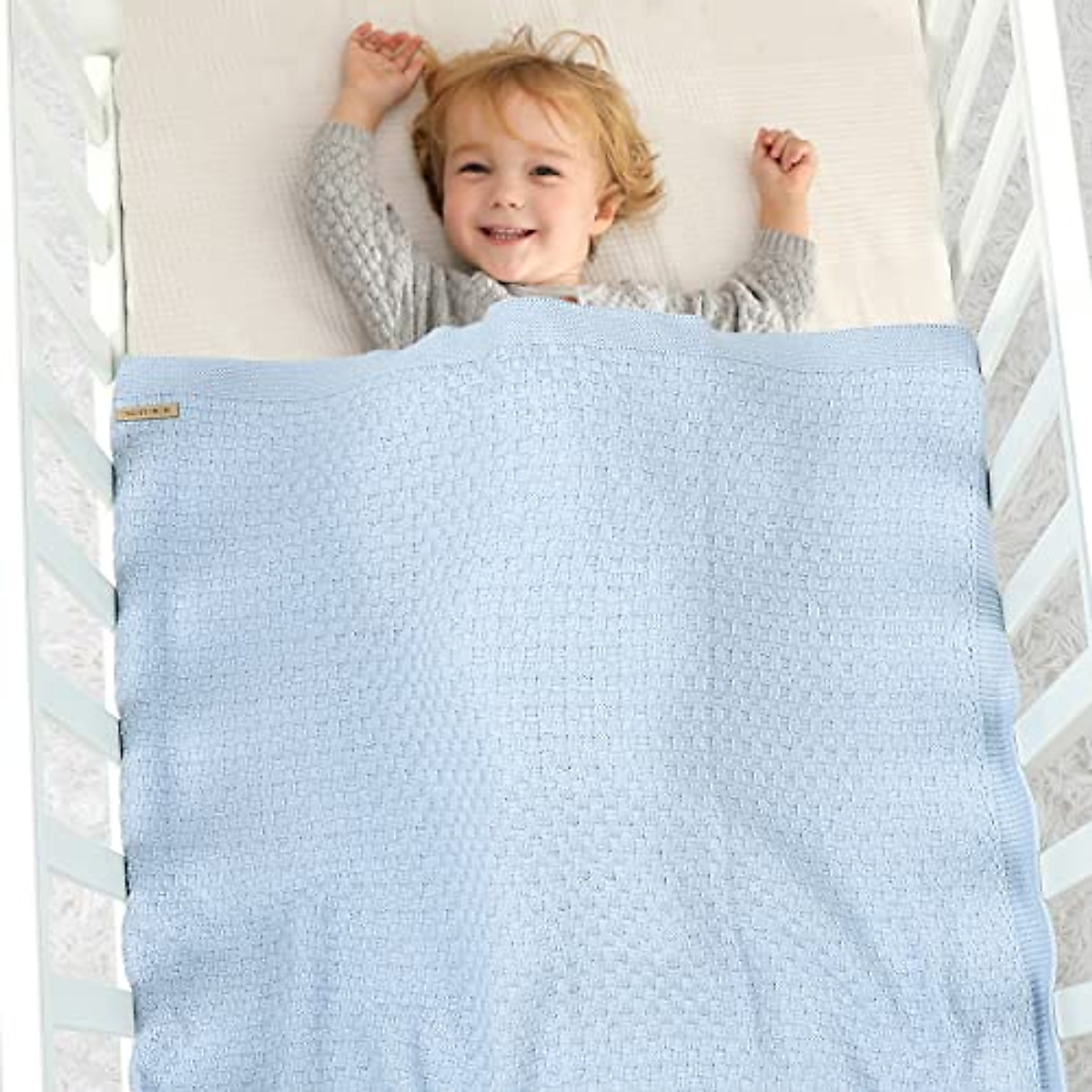 LAWKUL Cable Knit Baby Blanket 100% Cotton Blue Receiving Infant Swaddle Nursery Blankets Crochet Neutral Newborn Boy Girls