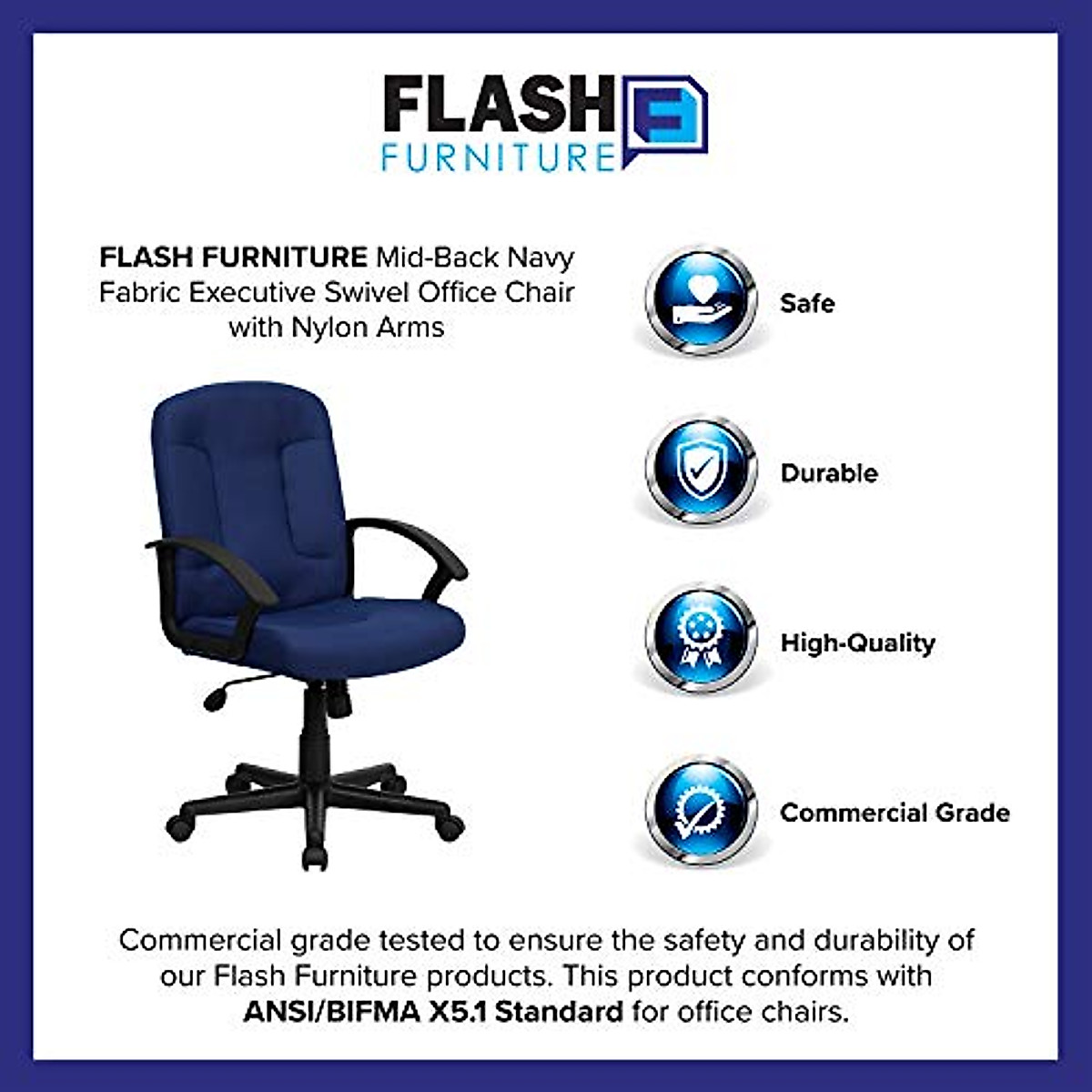 Flash Furniture Garver Mid-Back Navy Fabric Executive Swivel Office Chair with Nylon Arms
