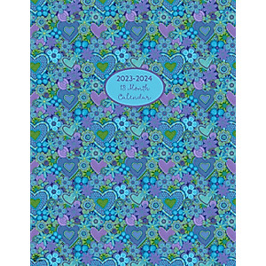Cool Hearts and Flowers - 18 Month Calendar July 2023-December 2024: 18 Month Calendar July 2023-December 2024 with Monthly Spreads and Dot-Grid Blank Pages for Notes/Journaling