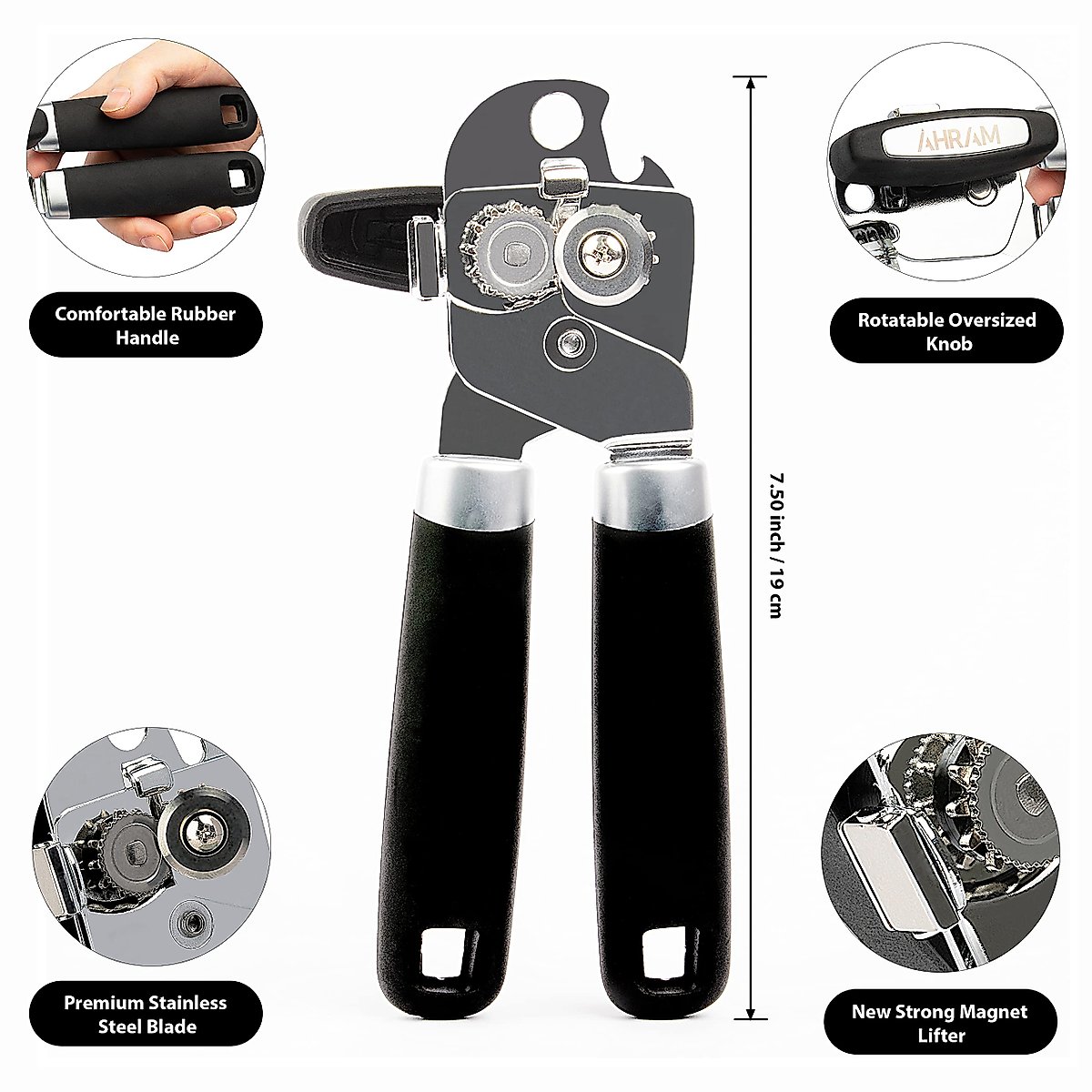 AHRAM Manual Can Opener, Sharp and smooth glide cutting wheel, With magnet lefter, Safe edge, Made with heavy duty materials, With additional glide cutting wheel as a spare part, With a bottle opener