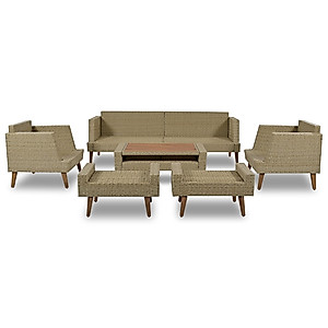 Merax 6-Pieces All Weather PE Wicker Sofa Set, Outdoor Rattan Sofa with Double Cushions, Wood Legs Wood Table Top
