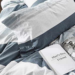 OREISE Duvet Cover Set Full/Queen Size 100% Cotton Bedding Set Gray Blue White Printed Striped Style,3Piece (1 Duvet Cover + 2 Pillowcase),Comfortable Luxurious Soft