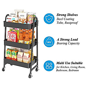 Wisdom Star 3 Tier Utility Rolling Cart, Heavy-Duty Mesh Storage Cart with Locking Wheels, Metal Mobile Trolley Cart for Home, Kitchen, Bathroom, Office，Black