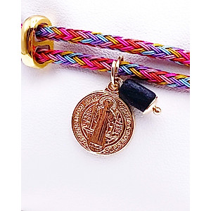 LESLIE BOULES 18K Gold Plated Saint Benedict Colored String Bracelet Charm Genuine Azabache Stone