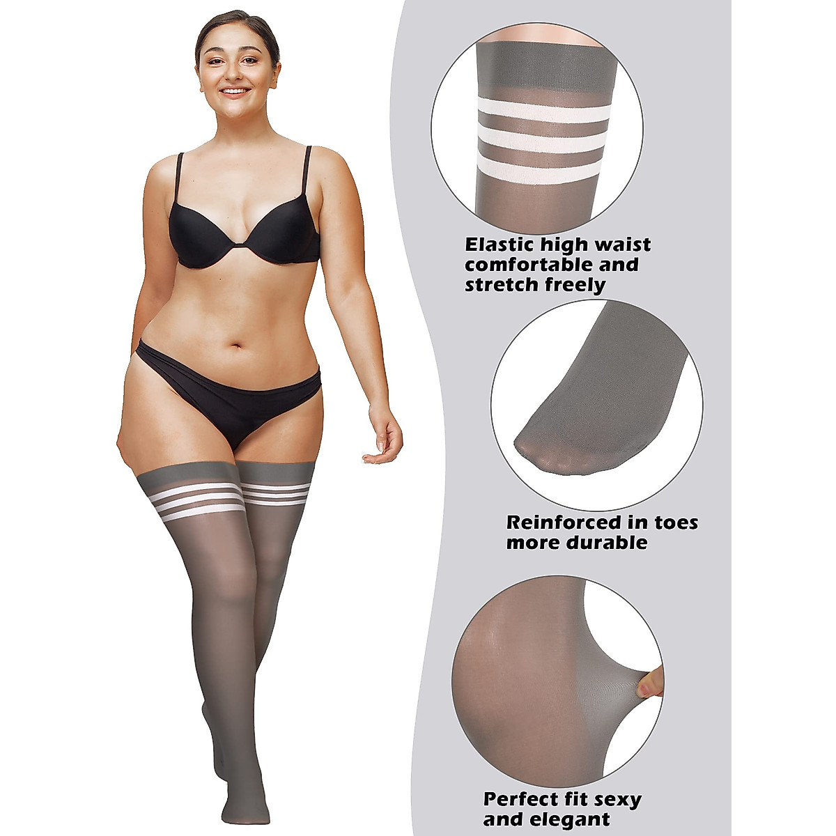 Bencailor 3 Pairs Plus Size Womens Thigh High Socks over the Knee Stockings Extra Long Thigh High Stockings for Wide Thigh (Black, White, Gray)