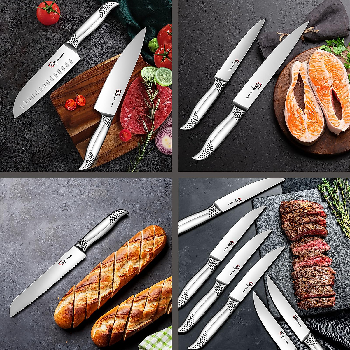 SYOKAMI Kitchen Knife Set, 14 Pieces Japanese Style Knife Block Set with Magnetic Holder, High Carbon Stainless Steel Ultra Sharp Knives for kitchen with Ergonomic Handle and Sharpener, Black Dot