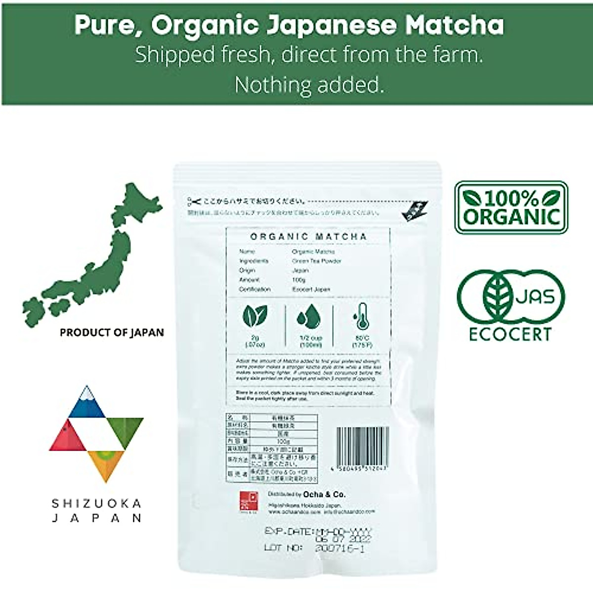 Ocha & Co. Japanese Tea - Organic Matcha Green Tea Powder - Traditional Stone Milled Japanese Matcha, 100g/3.5oz.