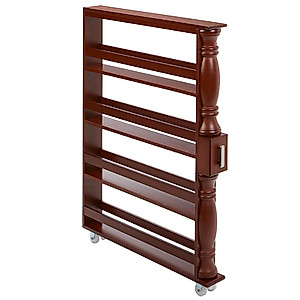 The Lakeside Collection Slim 4 Tier Walnut Wooden Storage Rack Cart on Wheels for Small Spaces, Kitchen, Bathroom Laundry Room Organization