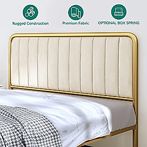 YITAHOME Queen Size Bed Frame, Velvet Bed Frame with Upholstered Headboard, Strong Metal Slats Support Platform Bed, No Box Spring Needed, Gold & Beige