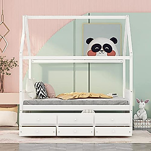 BIADNBZ Full Size House Platform Bed with Trundle and 3 Storage Drawers, Solid Wood Bedframe for Kids Teens w/Wooden Slats Support, No Box Spring Needed, Easy Assembly, White