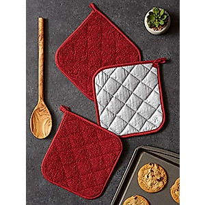 DII Basic Terry Collection Quilted 100% Cotton, Potholder, Barn Red, 3 Piece