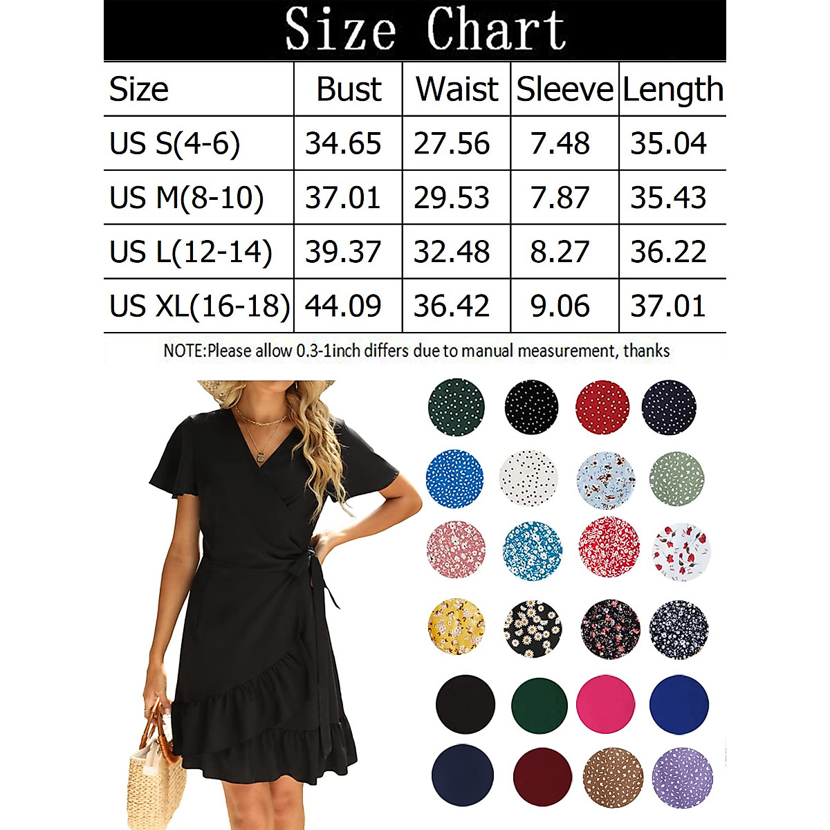 Naggoo Womens Wrap Dress V Neck Trendy Polka Dot Ruffle Short Sleeve Evening Mini Dress (Large, Solid Black)