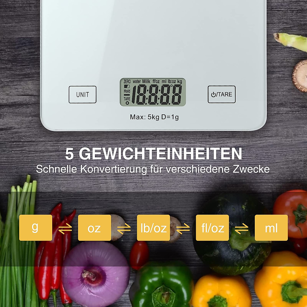 Kitchen Scale, Mafiti Digital Kitchen Scales 11lb/5kgX1g, Multifunction Measures in Kg, g, lb and OZ Digital Kitchen Weight for Food, Cooking and Baking，LCD Display（Silver）