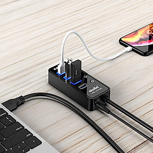 Powered USB Hub Long Cord, atolla USB 3.0 Hub 4 + 1 Data Transfer and Charging Multiport with Power Supply Adapter 15W (5V/3A) and 3.3ft Meter USB 3 Extension Cable