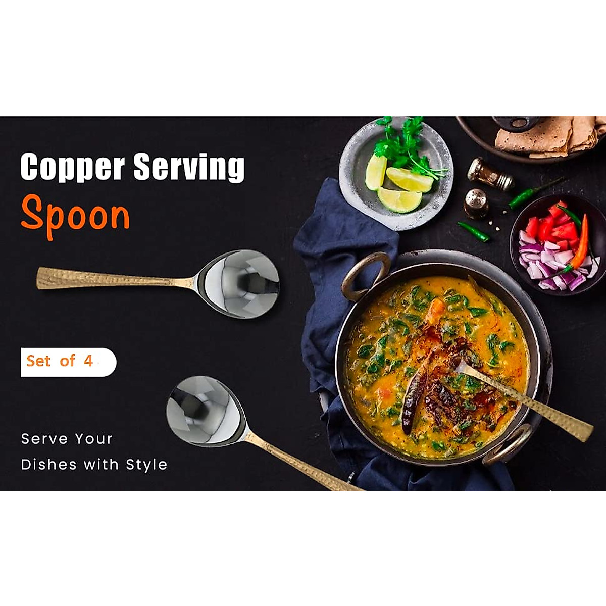 VAKRATUNDA KITCHENWARES Set of 4 Serving Spoon with Hammer Copper Handle, Spoons for Dinnerware Serve ware, Non-Slip Serving Tools for Modern Kitchen, Serving Spoons for Home, 8”