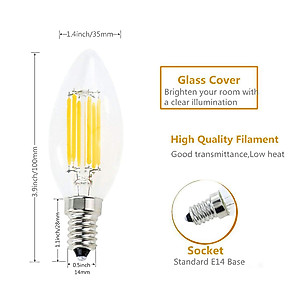 Lamsky E14 LED Filament Candle Shape Light Bulb,E14 European Base Bulb,Daylight 6000K 600LM 60W Equivalent,C35 Clear Glass Torpedo Shape Bullet Top,No-Dimmable (4-Pack)