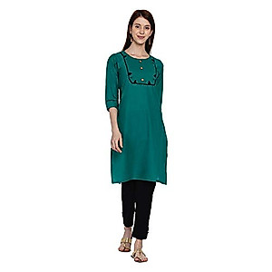 Ramkudi Indian Womens Plain Cotton Straight Stitched Design Neck Kurti (Blue, S)