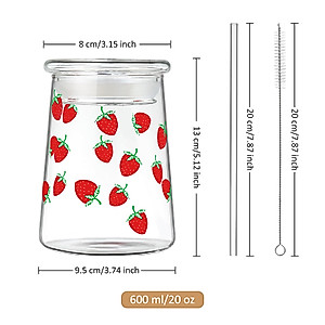 Joeyan Glass Tumbler with Lid and Straw,Iced Coffee Cups with Red Strawberries Pattern,Clear Cute Drinking Jars,Water Juice Beverages Soda Glasses,20 oz