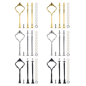 6 Set Tiered Tray Hardware for Cake Stand Mold Crown 3 Tier Cake Stand Fittings Hardware Holder for Wedding and Party Making Resin Cupcake Dessert Platter Serving Stand (Gold & Black & Silver)